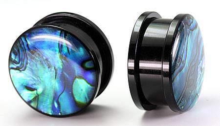 Acrylic Threaded Tunnel with Front ABALONE SHELL in sizes 12g up to 1 ...